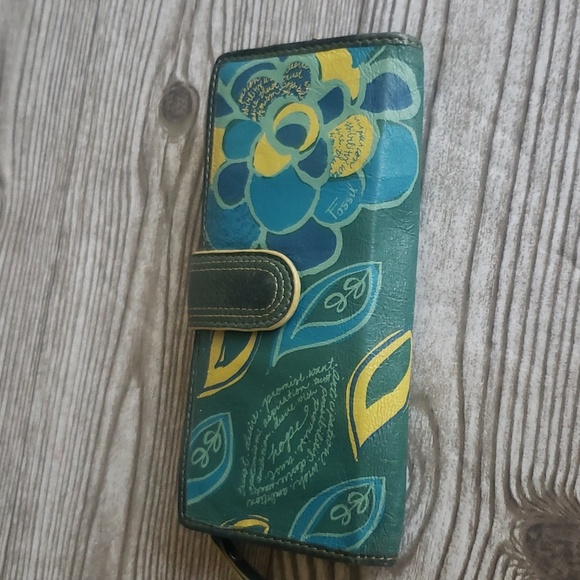 Fossil | Bags | Fossil Green And Blue Floral Bifold Wallet | Poshmark